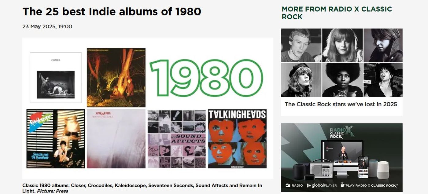 I migliori album indie rock usciti nel 1980 nella classifica di Radio X